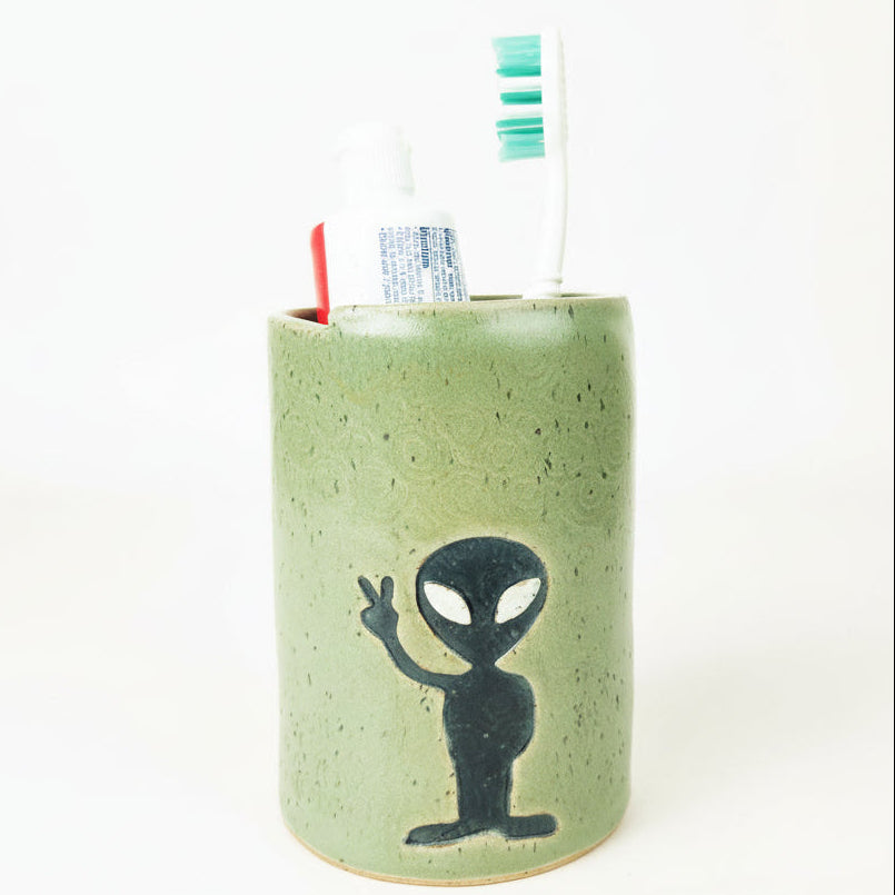 Alien Handmade Green Stoneware Toothbrush Holder – White Squirrel Clayworks