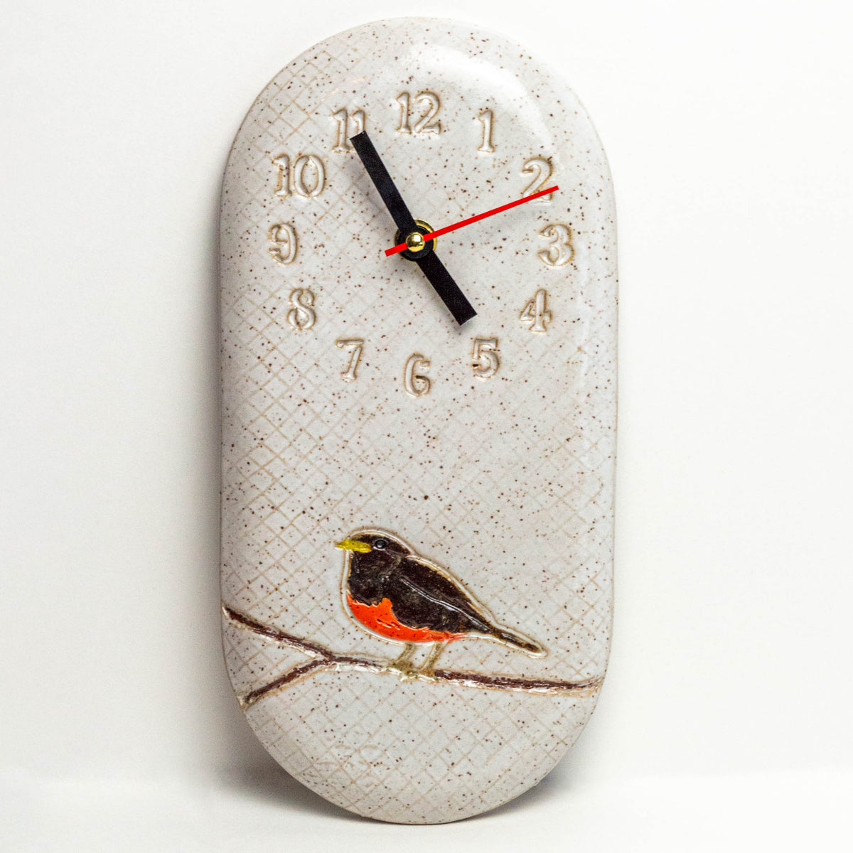 Robin on White Stoneware Wall Clock – White Squirrel Clayworks