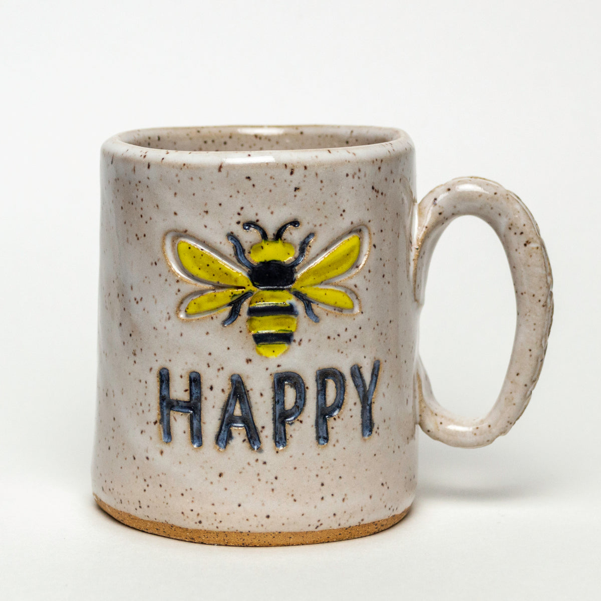 Bee Happy Design White 14oz Mug – White Squirrel Clayworks